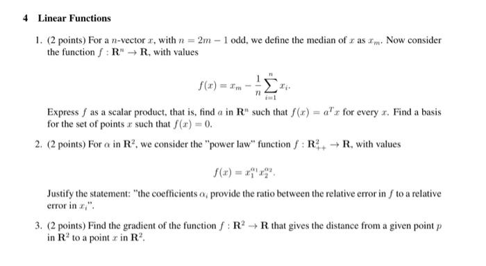 Solved Linear Functions1. (2 points) For a n-vector x, with | Chegg.com