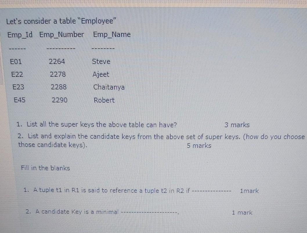 Solved Let's consider a table "Employee” Emp_Id Emp_Number | Chegg.com