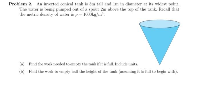 Solved Problem 2. An inverted conical tank is 3 m tall and 1 | Chegg.com