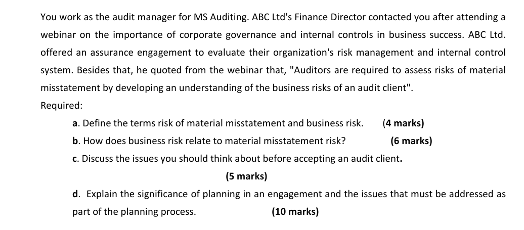 Solved You work as the audit manager for MS Auditing. ABC | Chegg.com