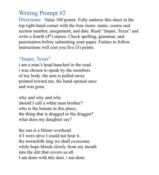 Writing Prompt #2 Directions: Value 100 points. Fully | Chegg.com