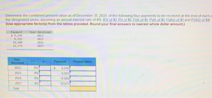 Solved Determine the combined present value as of December | Chegg.com