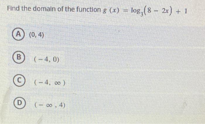 Solved Find the domain of the function g(x)=log3(8−2x)+1 | Chegg.com