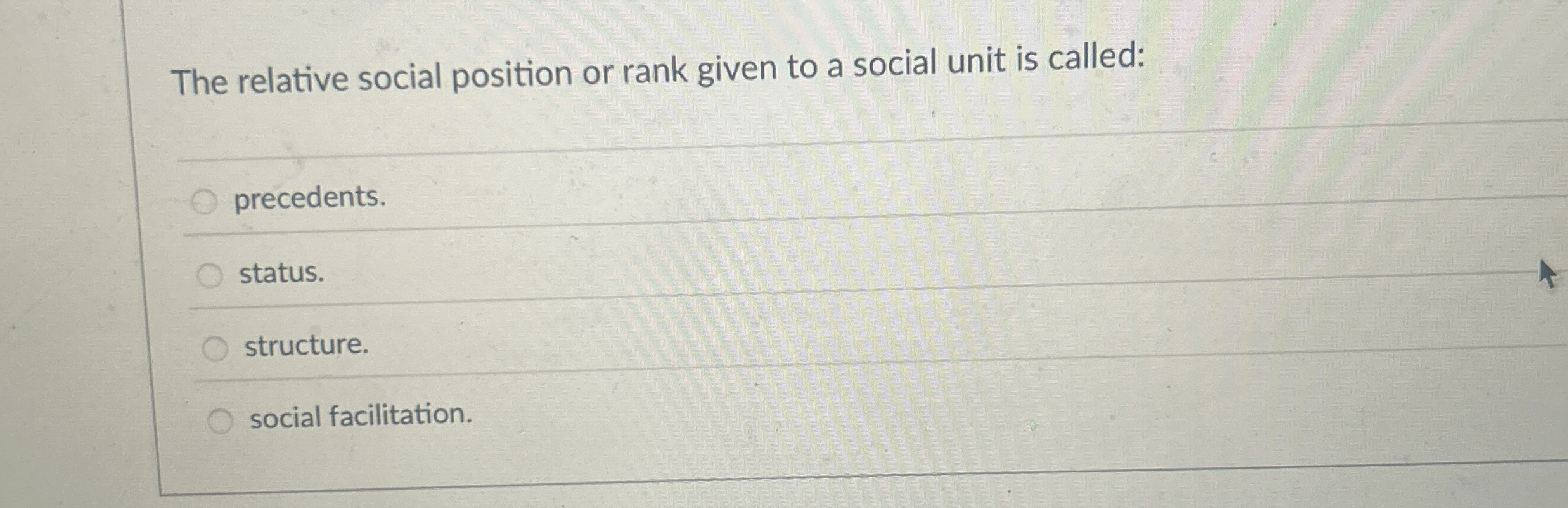 Solved The relative social position or rank given to a | Chegg.com