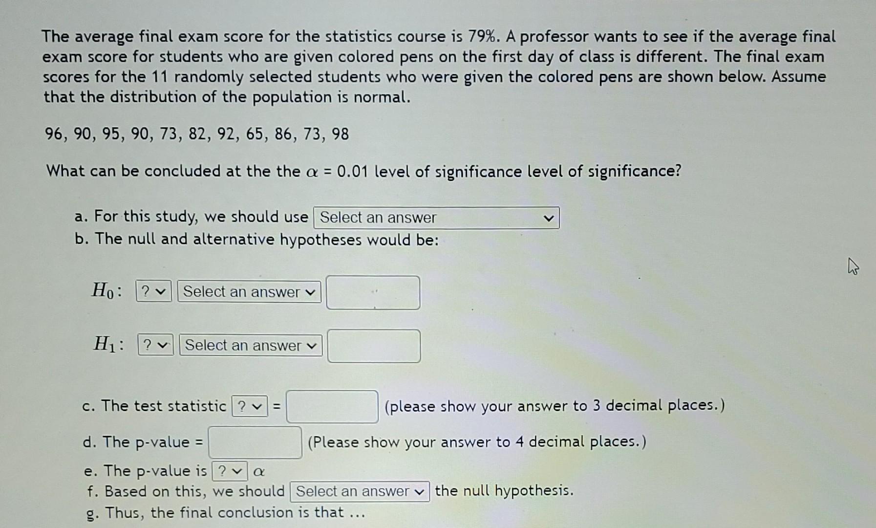 Solved The average final exam score for the statistics | Chegg.com