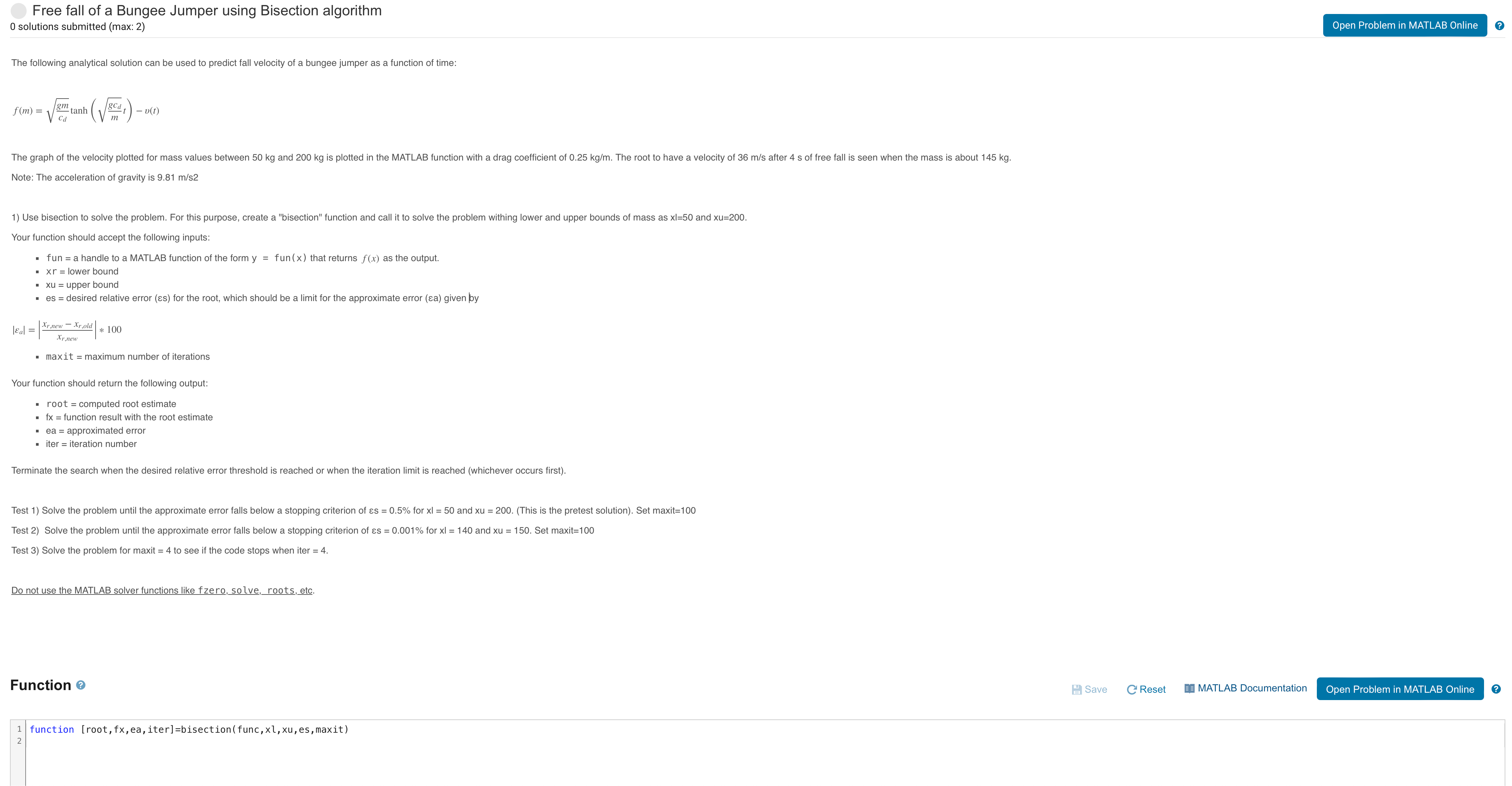 Solved Free fall of a Bungee Jumper using Bisection | Chegg.com