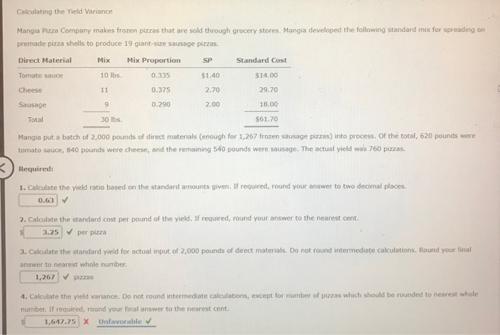 Solved Calculating the Yield Variance Mangia Pizza Company | Chegg.com