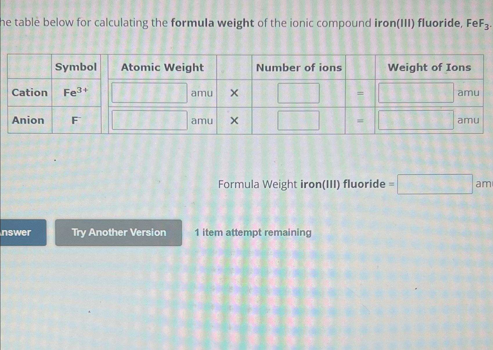 Solved he table below for calculating the formula weight of | Chegg.com