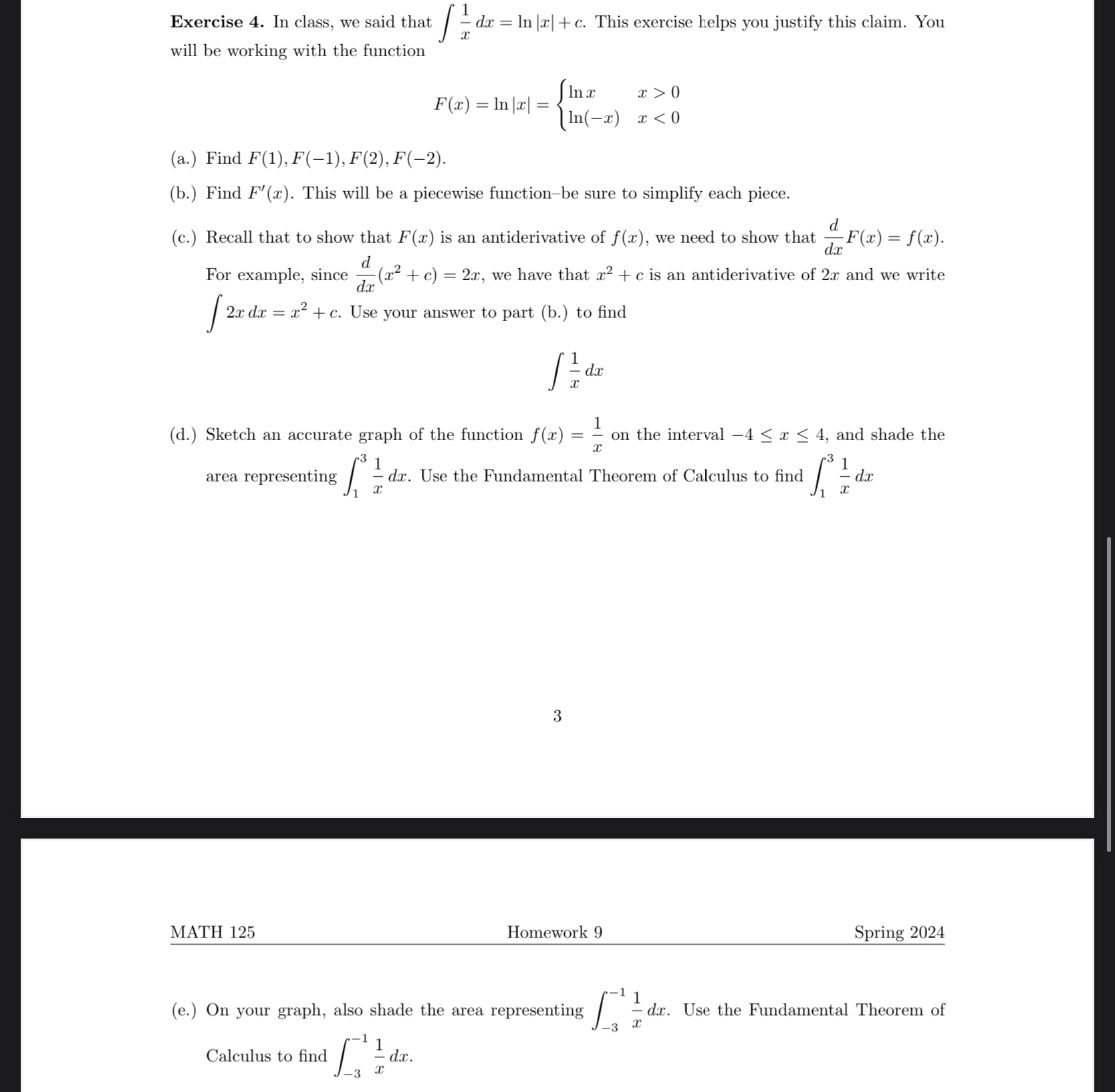 Solved Exercise 4 ﻿in Class We Said That ∫﻿﻿1xdxlnxc 