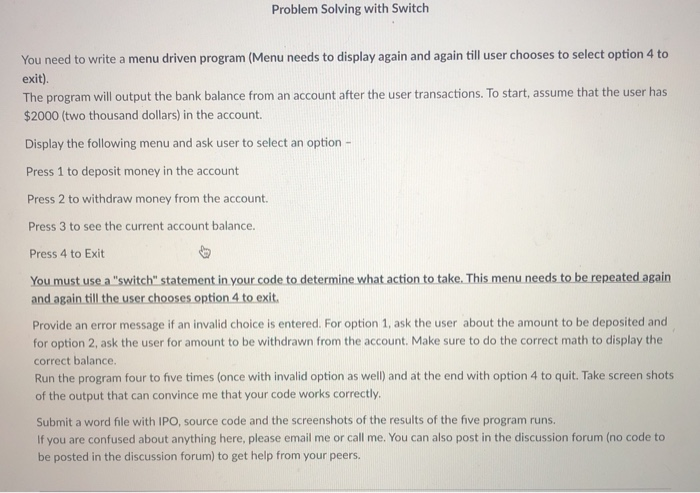 Solved Problem Solving with Switch You need to write a menu | Chegg.com