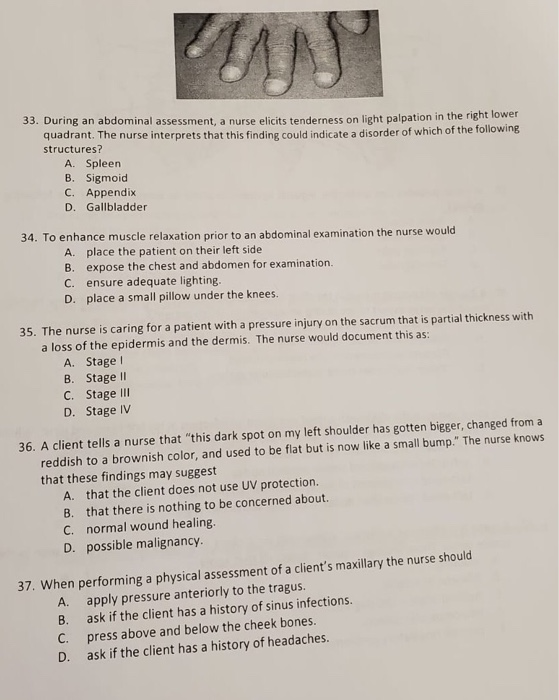 Solved 33. During an abdominal assessment, a nurse elicits | Chegg.com