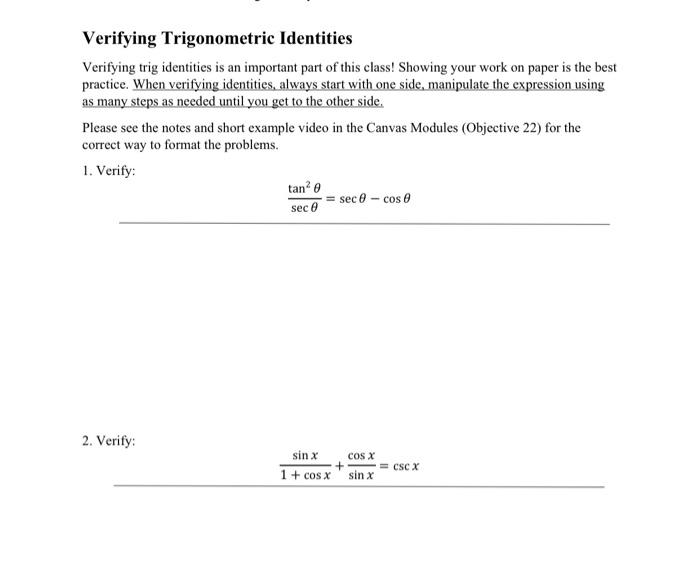 Solved Verifying Trigonometric Identities Verifying trig | Chegg.com