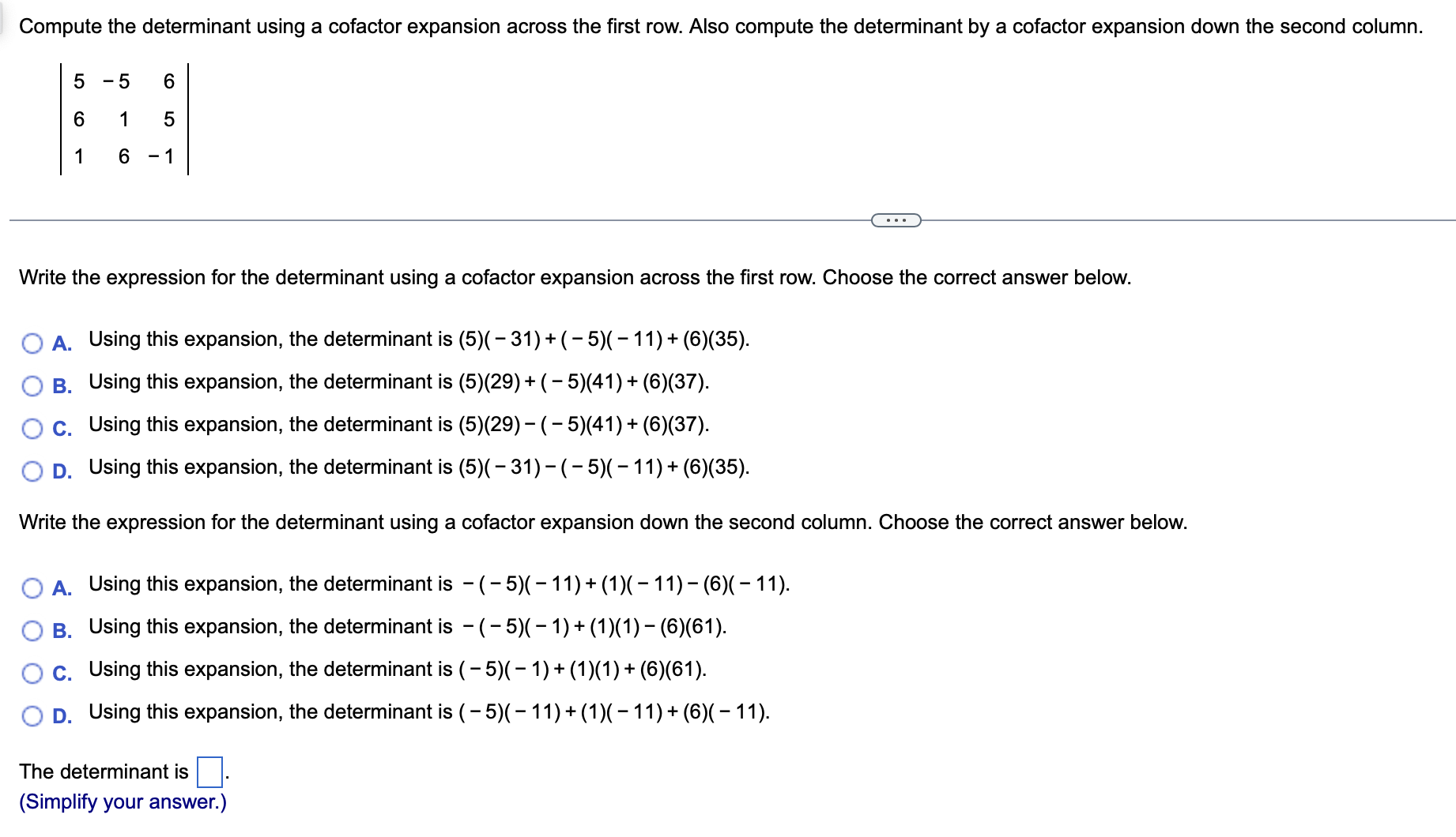 Solved Compute the determinant using a cofactor expansion | Chegg.com