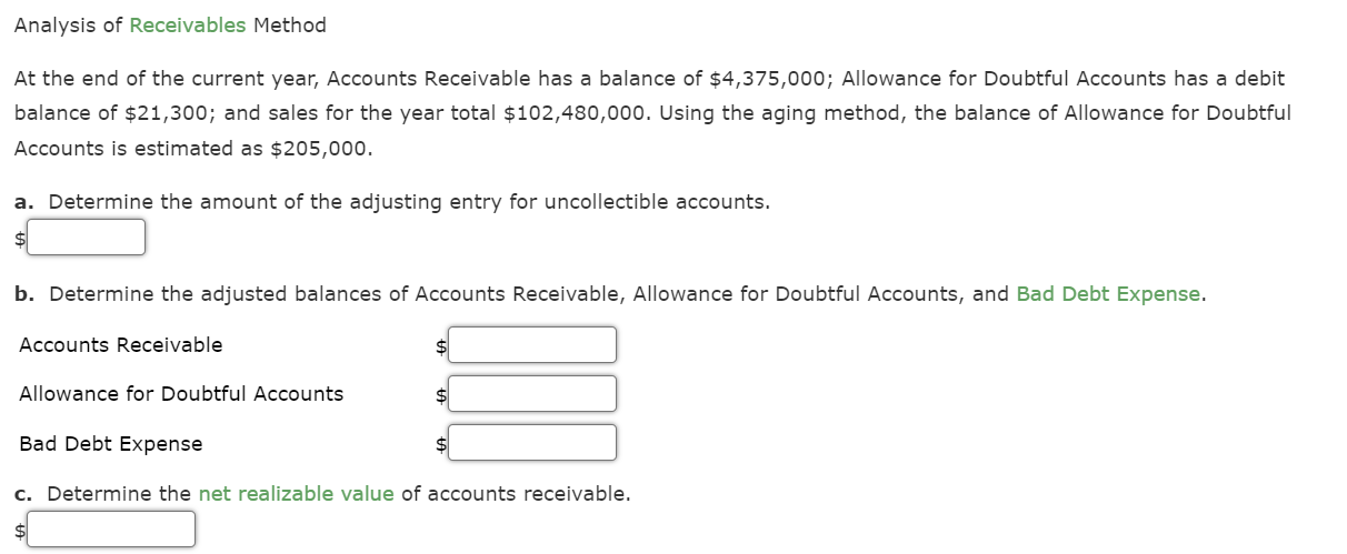 Solved Analysis of Receivables MethodAt the end of the | Chegg.com