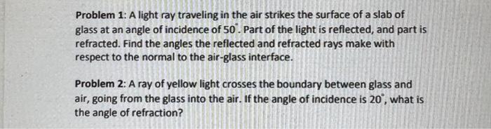 Solved Problem 1: A light ray traveling in the air strikes | Chegg.com