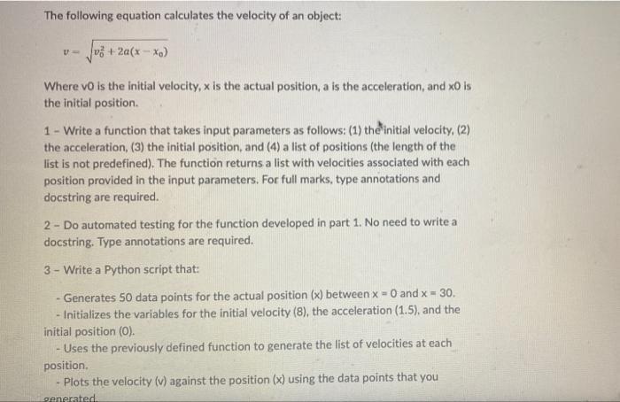 Solved The following equation calculates the velocity of an | Chegg.com