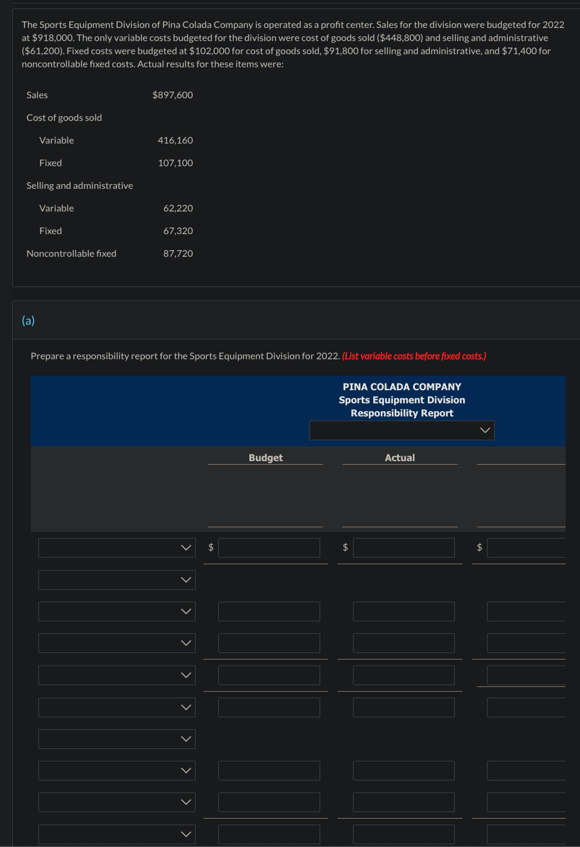 Solved The Sports Equipment Division of Pina Colada Company | Chegg.com