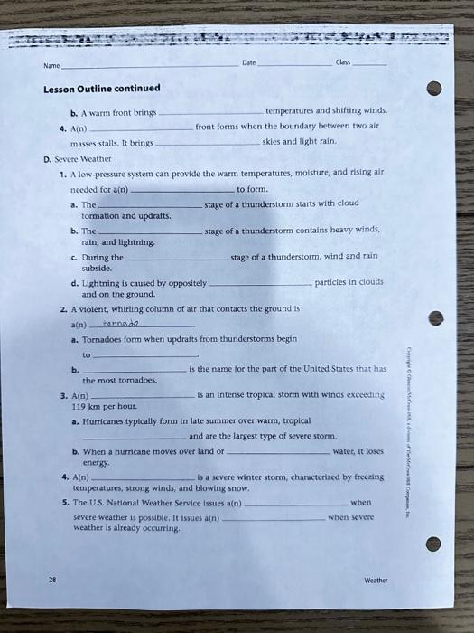 Solved Lesson Outine continued b. A warm front brings | Chegg.com