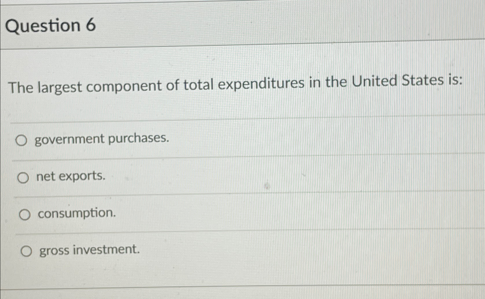 Solved Question 6The largest component of total expenditures | Chegg.com