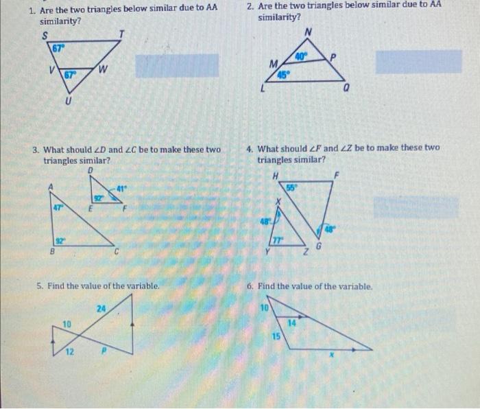 Solved 1. Are the two triangles below similar due to AA | Chegg.com