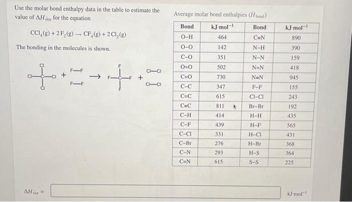 Solved Use the molar bond enthalpy data in the table to | Chegg.com