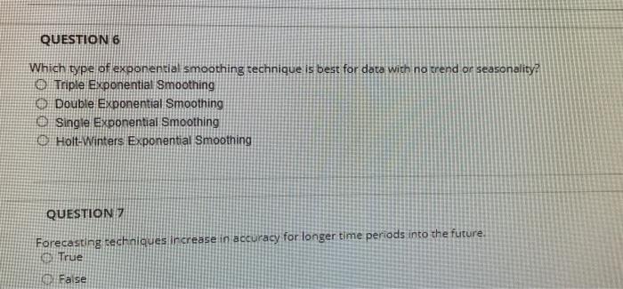 Solved QUESTION 6 Which type of exponential smoothing | Chegg.com