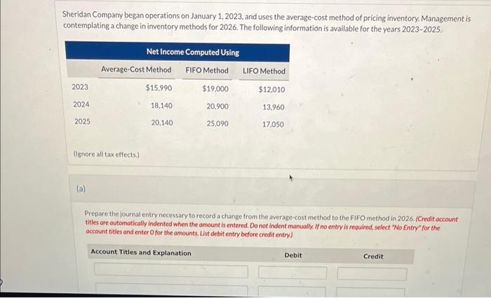 Solved Sheridan Company began operations on January 1, 2023, | Chegg.com