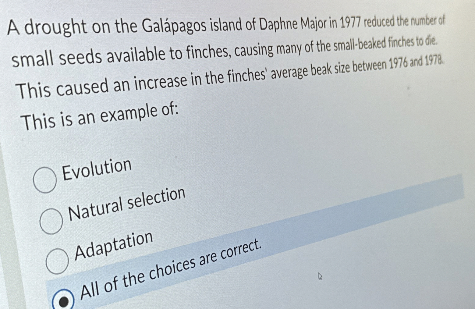 Solved A drought on the Galápagos island of Daphne Major in | Chegg.com