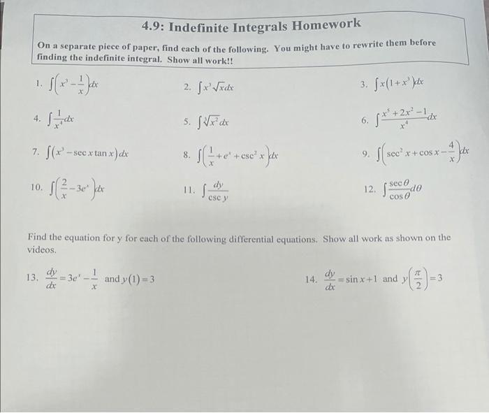 Solved 4.9: Indefinite Integrals Homework On a separate | Chegg.com