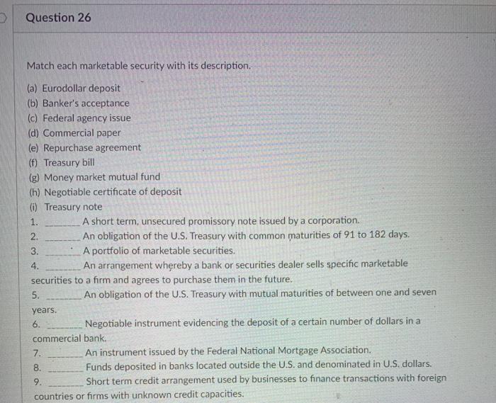 Solved Question 26 Match each marketable security with its | Chegg.com