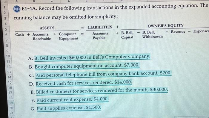 Solved E1-4A. Record the following transactions in the | Chegg.com
