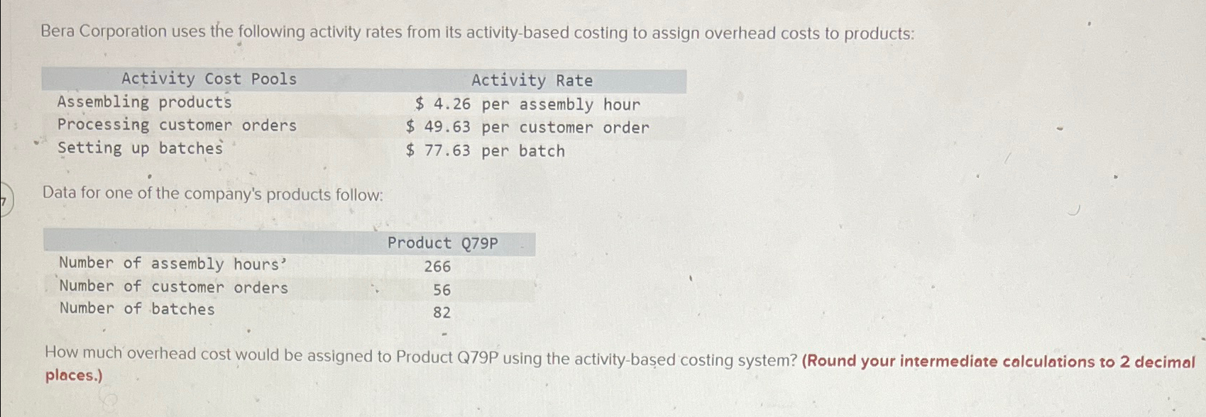 Solved Bera Corporation uses the following activity rates | Chegg.com