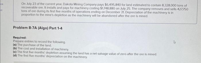 Solved On July 23 of the current year, Dakota Mining Company | Chegg.com