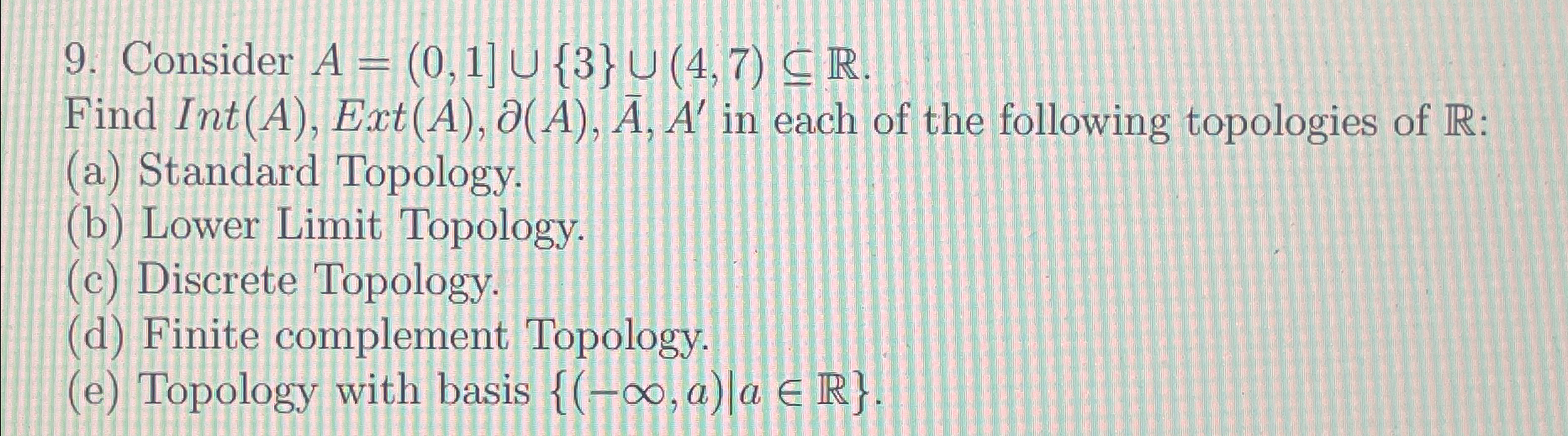 Solved Consider A=(0,1]∪{3}∪(4,7)subeR.Find | Chegg.com