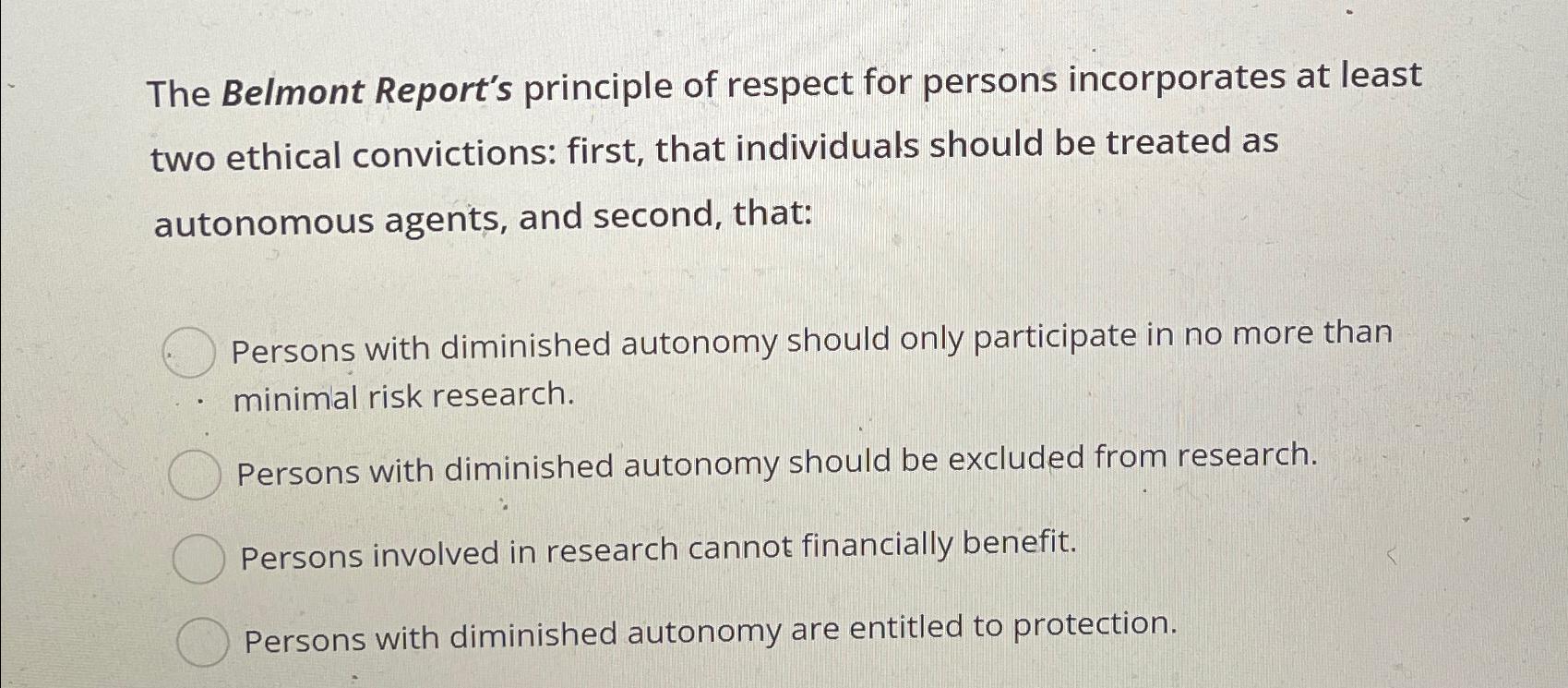 Solved The Belmont Report's principle of respect for persons | Chegg.com