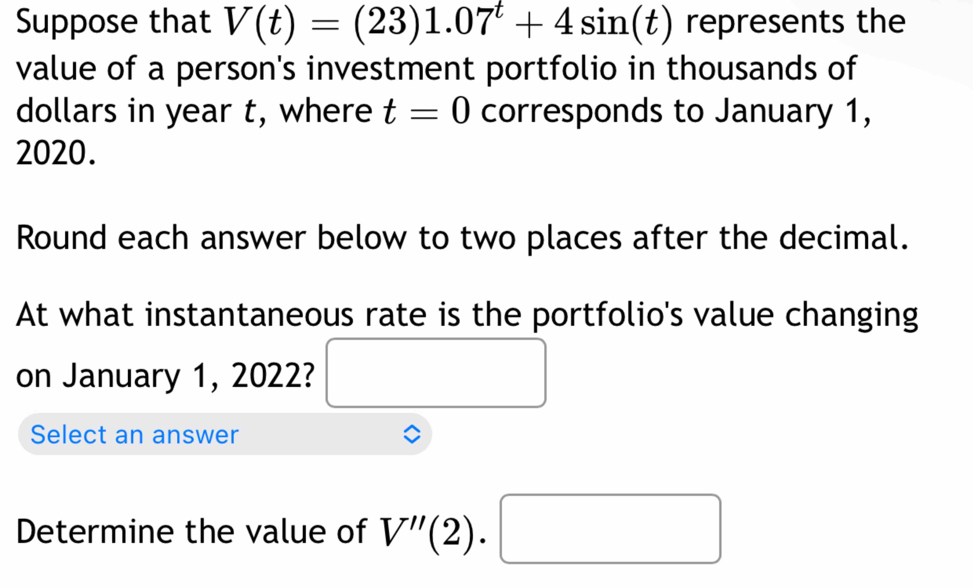 Solved Suppose that V(t)=(23)1.07t+4sin(t) ﻿represents | Chegg.com