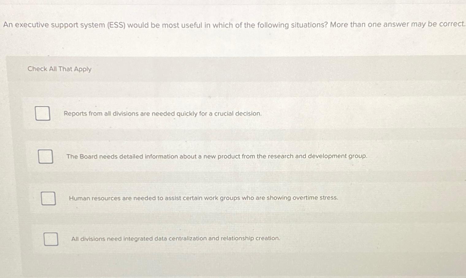 Solved An executive support system (ESS) ﻿would be most | Chegg.com