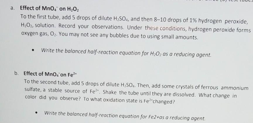 Solved a. Effect of MnO4 on H202 To the first tube, add 5 | Chegg.com