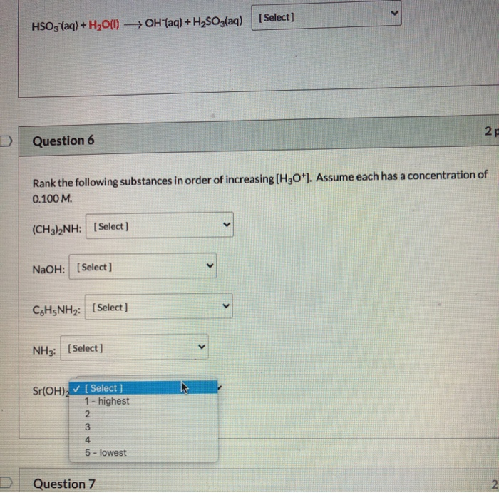 Solved HSO3- (aq) + H2O(l) + OH-(aq) + H2SO3(aq) [Select] 2F | Chegg.com