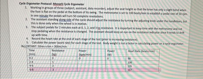 Solved Cycle Ergometer Protocol- Monark Cycle Ergometer 1. | Chegg.com