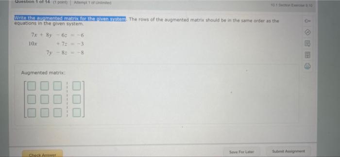 Solved Write the augmented matrix for the given system. The | Chegg.com