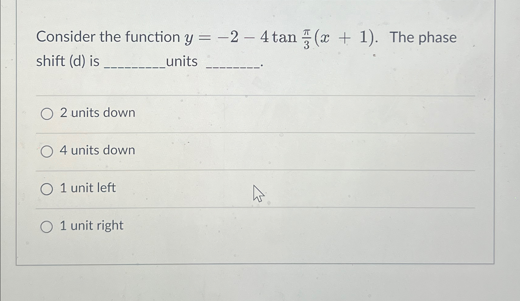Solved Consider the function y=-2-4tan(π3)(x+1). ﻿The phase | Chegg.com