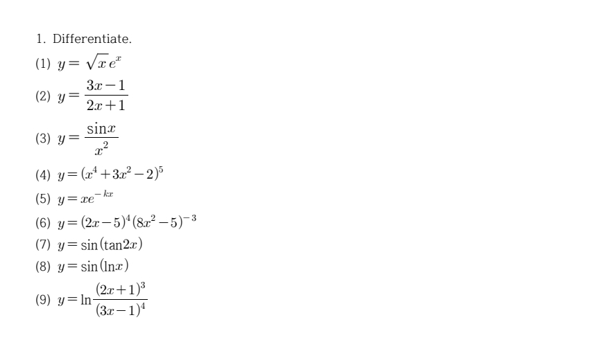 Solved Differentiate.(1) y=x2ex(2) y=3x-12x+1(3) y=sinxx2(4) | Chegg.com