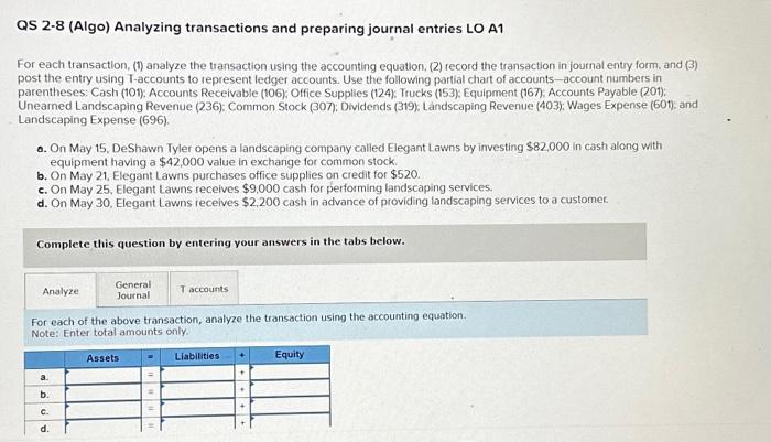 Solved QS 2.8 (Algo) Analyzing transactions and preparing | Chegg.com