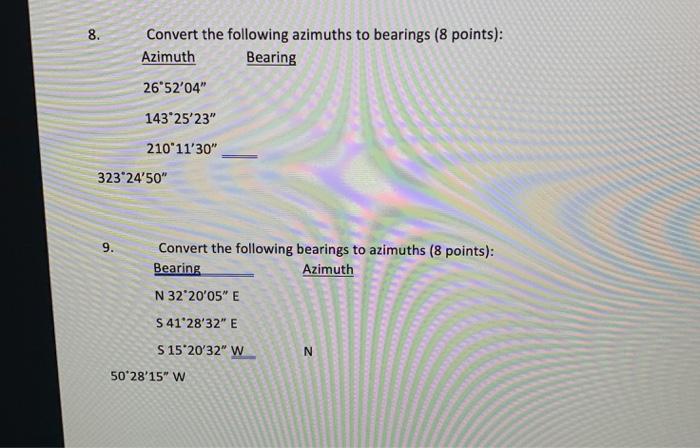 Solved 8. Convert the following azimuths to bearings (8 | Chegg.com
