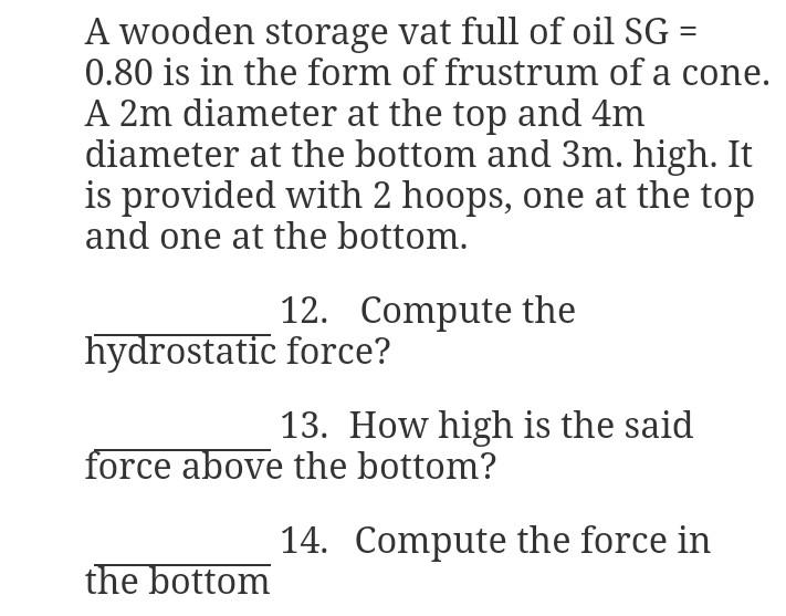 Solved A wooden storage vat full of oil SG = 0.80 is in the | Chegg.com