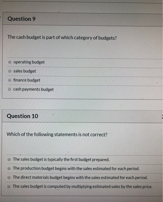 Solved Question 6 Which Of The Operating Budgets Is Prepared Chegg Solved Question 6 Which Of The Operating Budgets Is Prepared Chegg