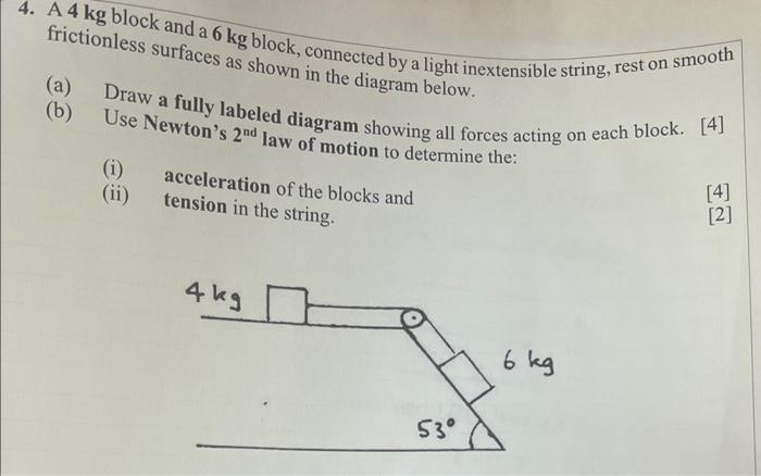 Solved 4. A 4 kg block and a 6 kg block, connected by a | Chegg.com