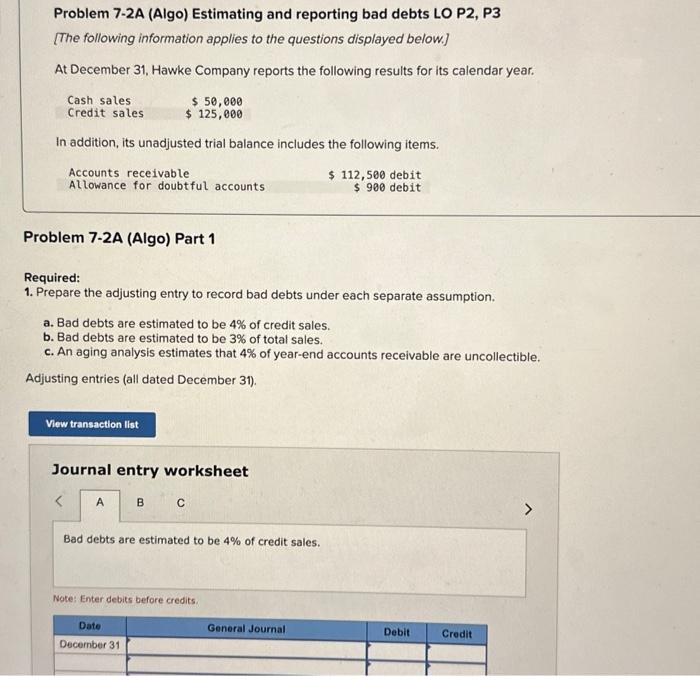 Solved Problem 7-2A (Algo) Estimating and reporting bad | Chegg.com