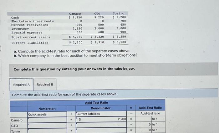 Solved a. Compute the acid-test ratio for each of the | Chegg.com